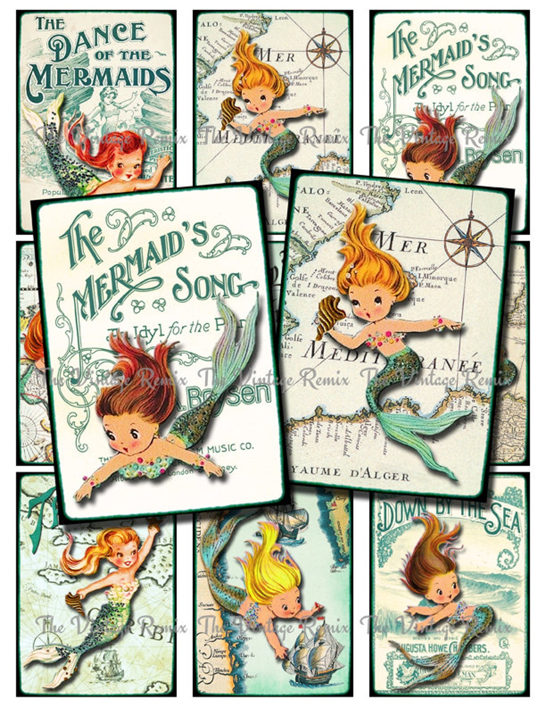 Mermaids, Printable Digital Collage Sheet, Instant Download, Retro ...