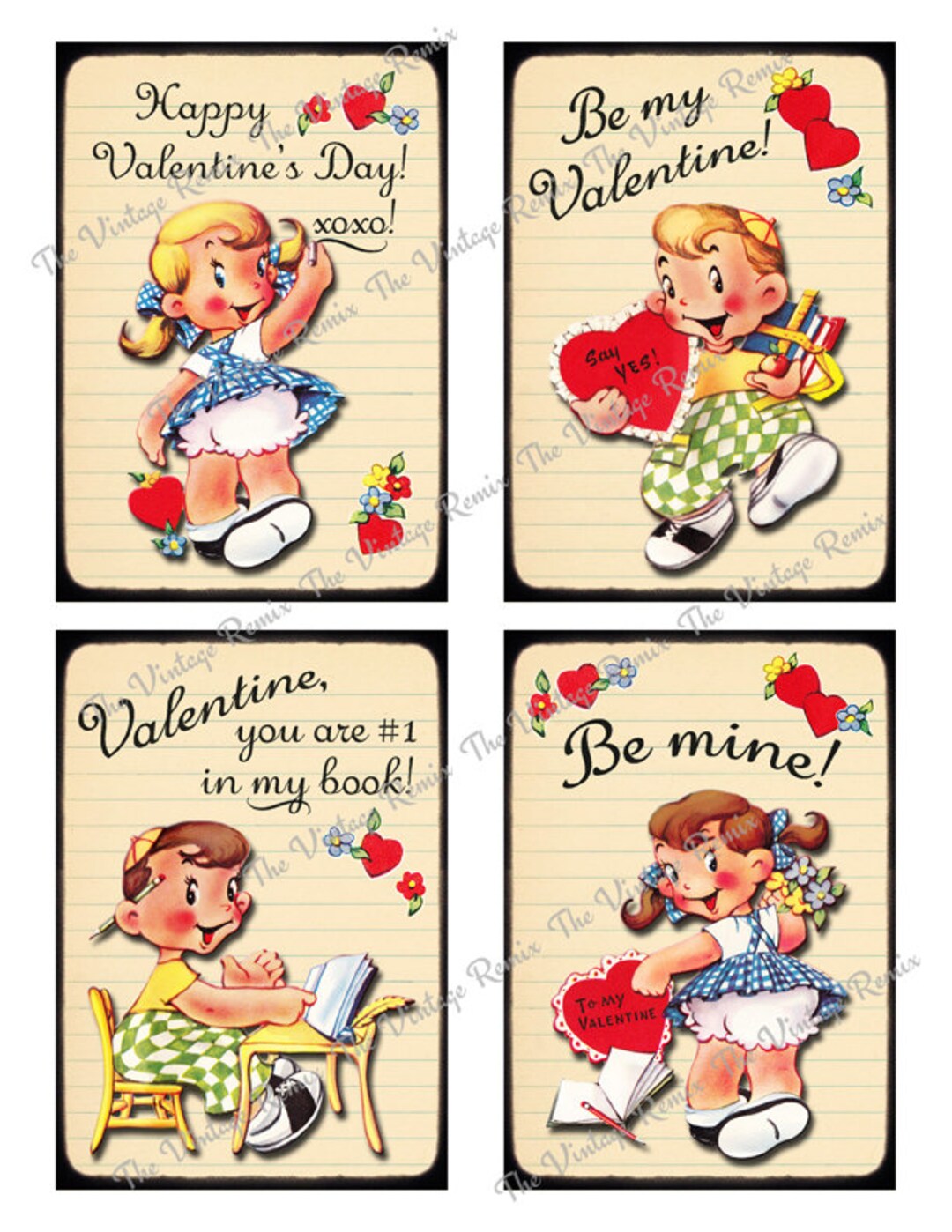 Printable School Valentines, Set of 4, Retro Vintage Kids, Digital ...