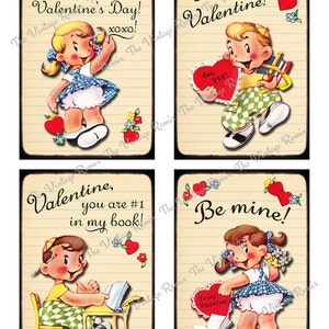 Printable School Valentines, Set of 4, Retro Vintage Kids, Digital ...