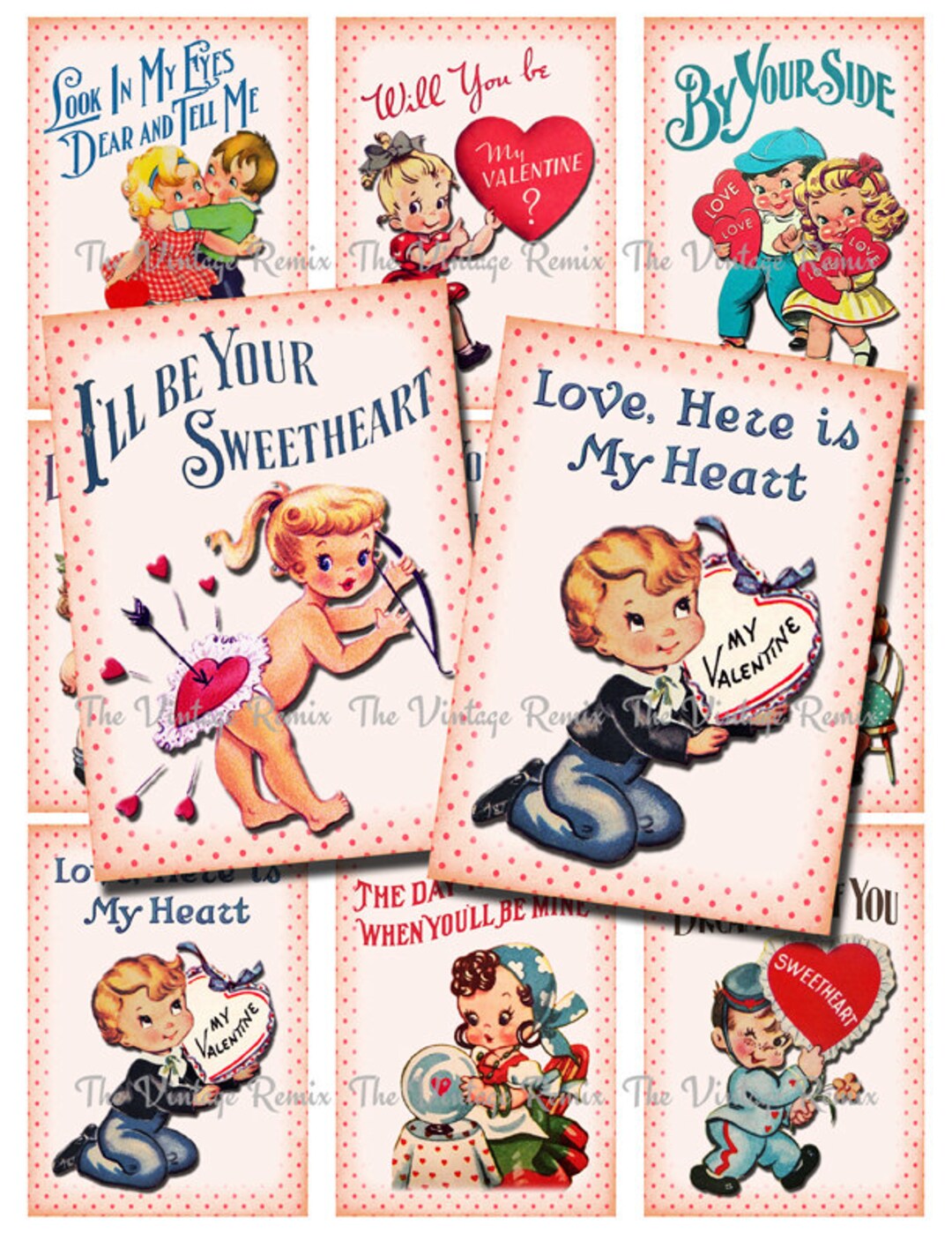 Printable Valentines, Instant Download, Digital Collage Sheet, Retro ...