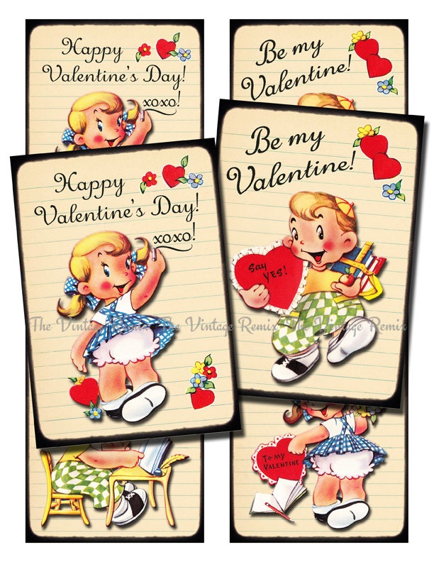 Printable School Valentines Set of 4 Retro Vintage Kids | Etsy