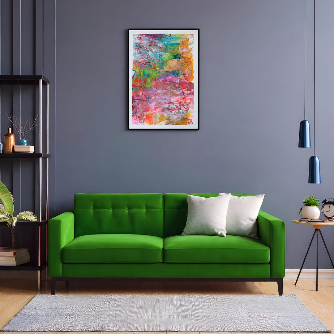 Original Pink Green and Orange Abstract Painting on Paper – Bold ...