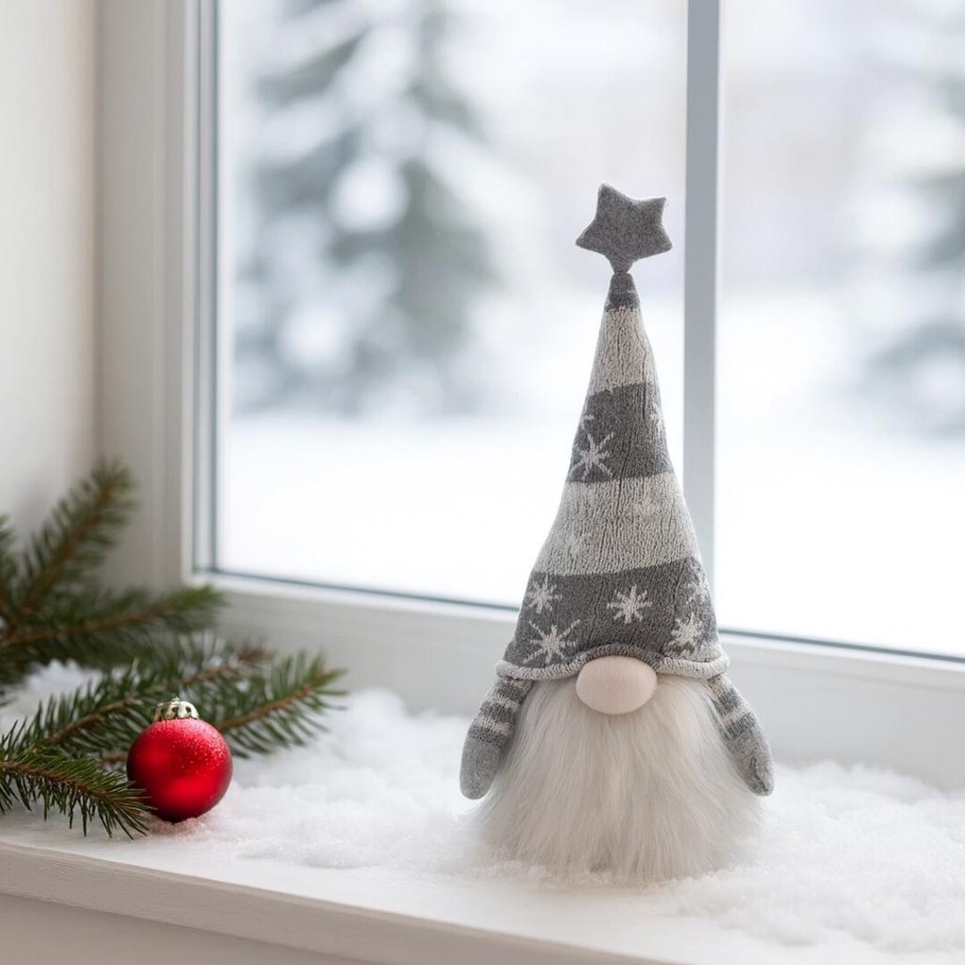 Grey Christmas Gonk Ornament – 7" Sitting Gnome With Snowflake Hat ...