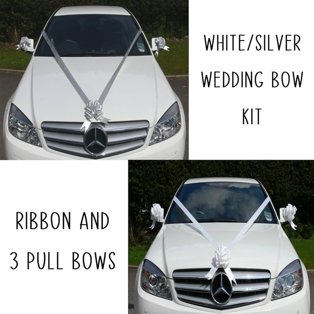 Wedding Car Ribbon and Bow Kit | 9m Satin Wedding Ribbon | White/silver ...