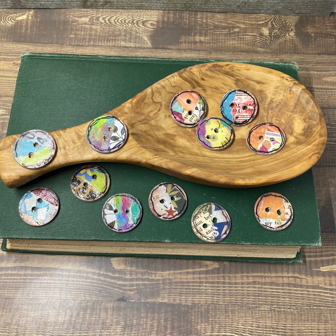 Set of 12 Paper Buttons Scrapbook Paper Unique Paper Collaged Buttons ...