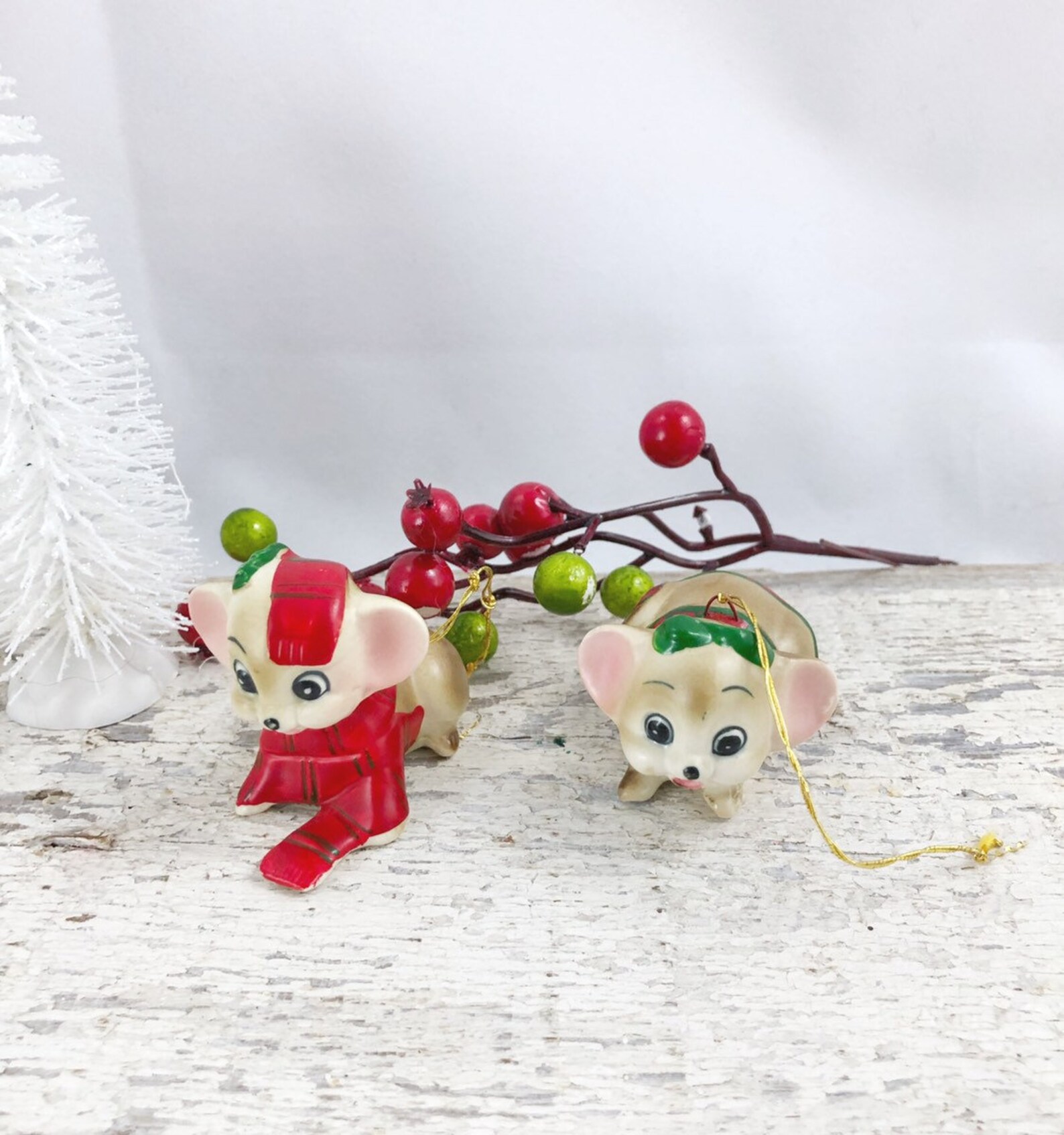 Pair of Adorable Ceramic Holiday Mice Ornaments - Etsy
