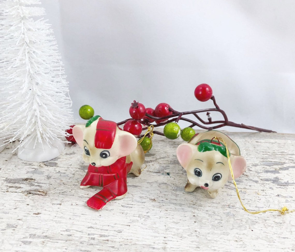 Pair of Adorable Ceramic Holiday Mice Ornaments - Etsy