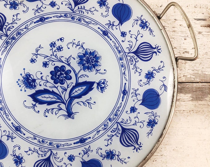 Large Vintage Blue and White Glass Top Dessert Tray - Etsy