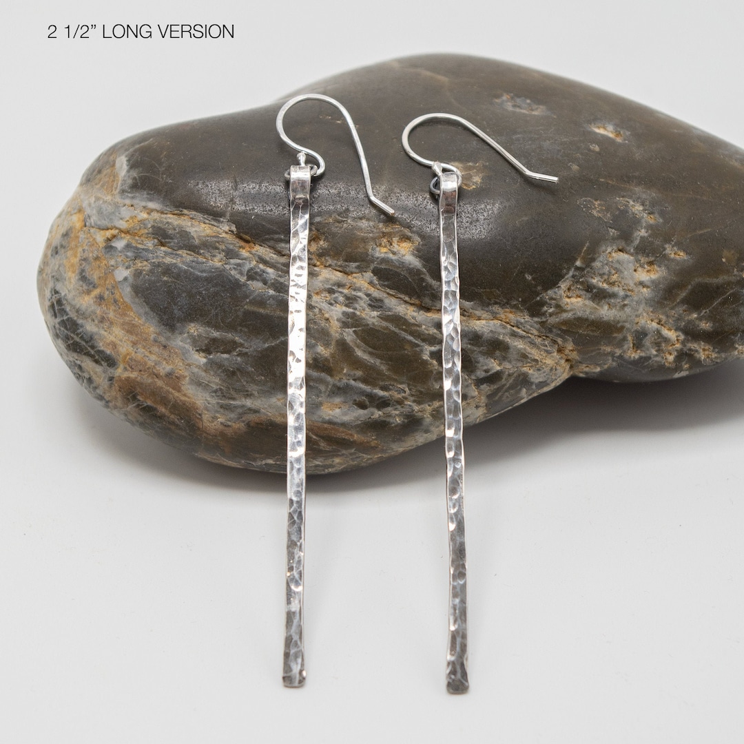 Silver Long Bar Earrings, Bar Earrings, Hammered Bar Earrings, Dangle ...