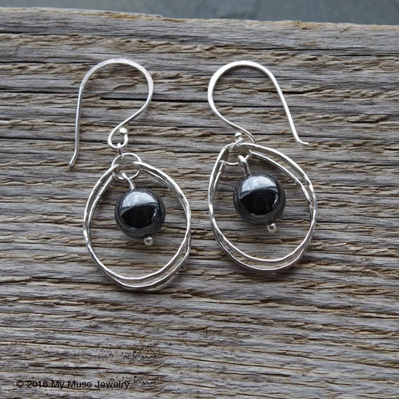 Silver Hoops Hematite Earrings Hand Forged Dangle Earrings Etsy