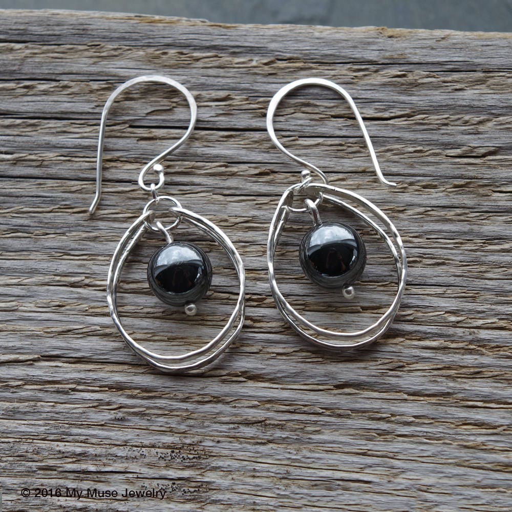 Silver Hoops Hematite Earrings Hand Forged Dangle Earrings