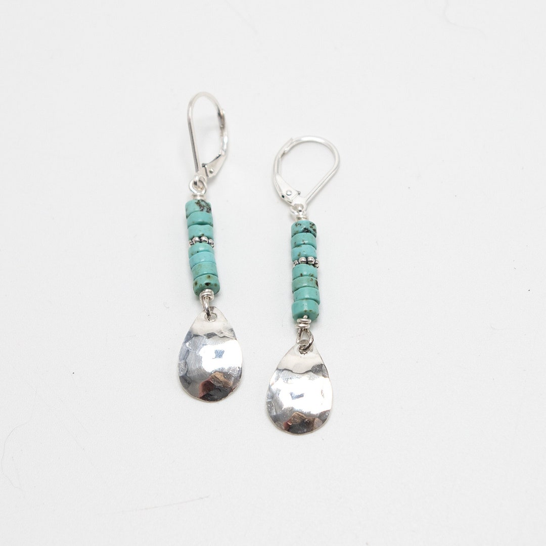 Genuine Turquoise Drop Earrings, Silver Tear Drop Earrings, Hammered ...