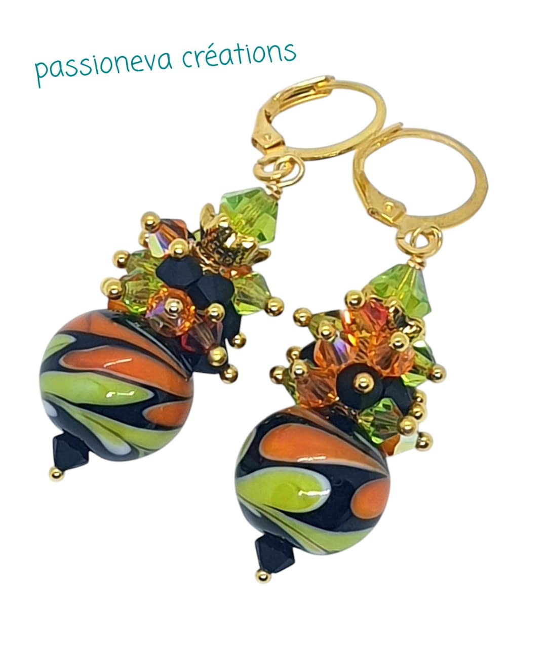 Boucles d'oreilles perles en verre filé tons noirs vert orange et ...