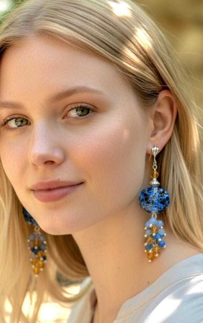 Boucles d'oreilles ton bleu perles en verre filé perles jade apprêts ...