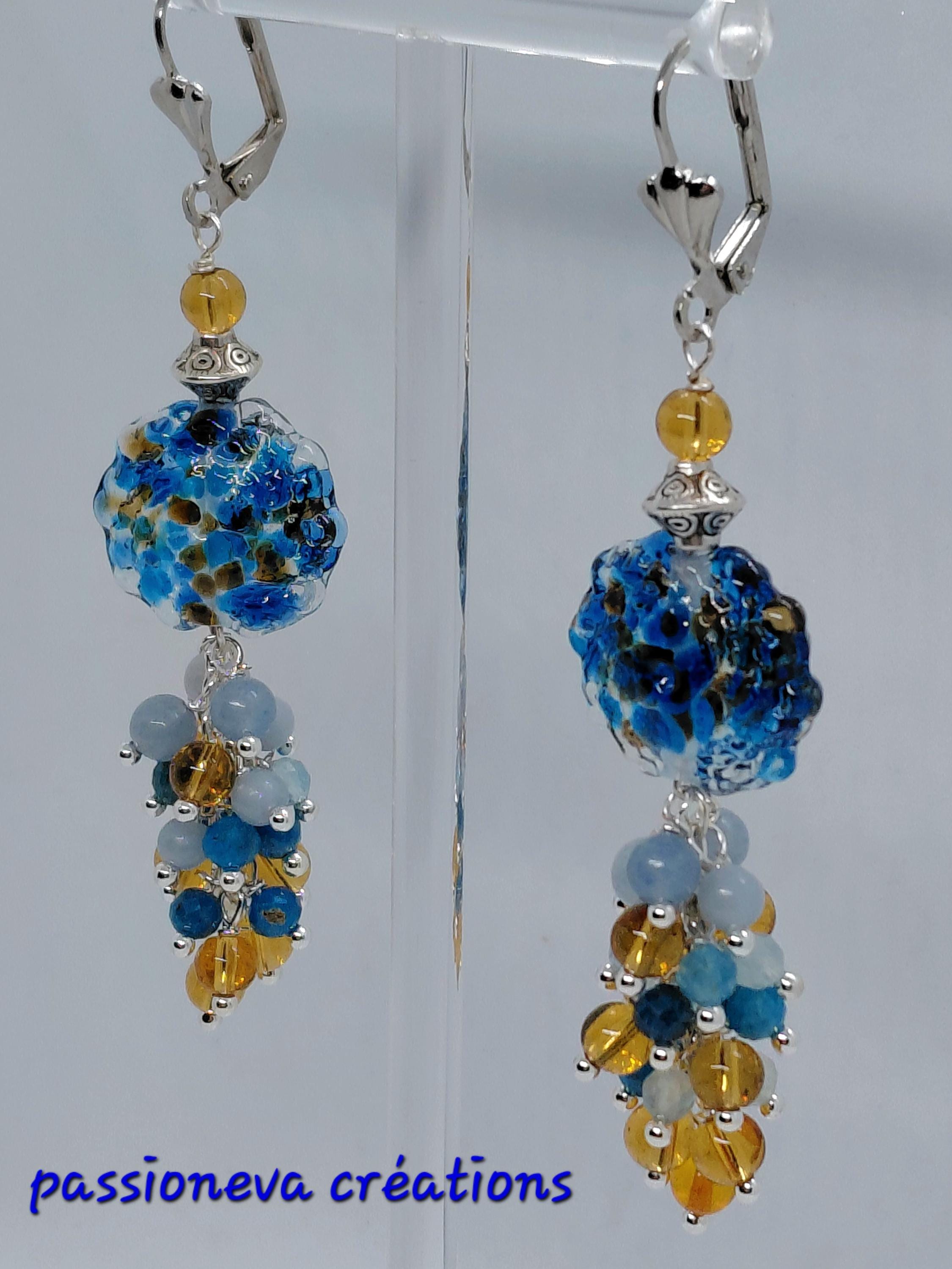 Boucles d'oreilles ton bleu perles en verre filé perles jade apprêts ...