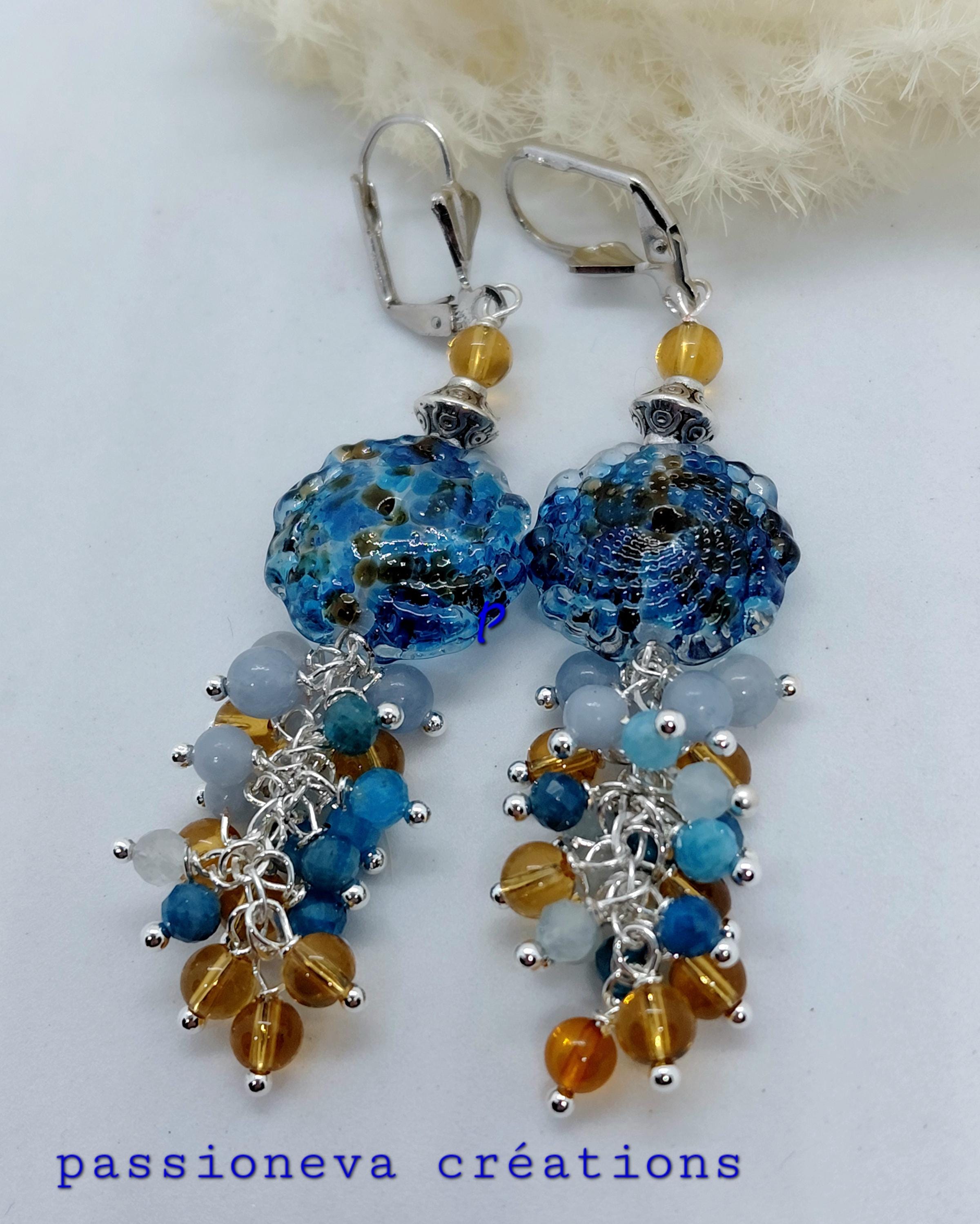 Boucles d'oreilles ton bleu perles en verre filé perles jade apprêts ...