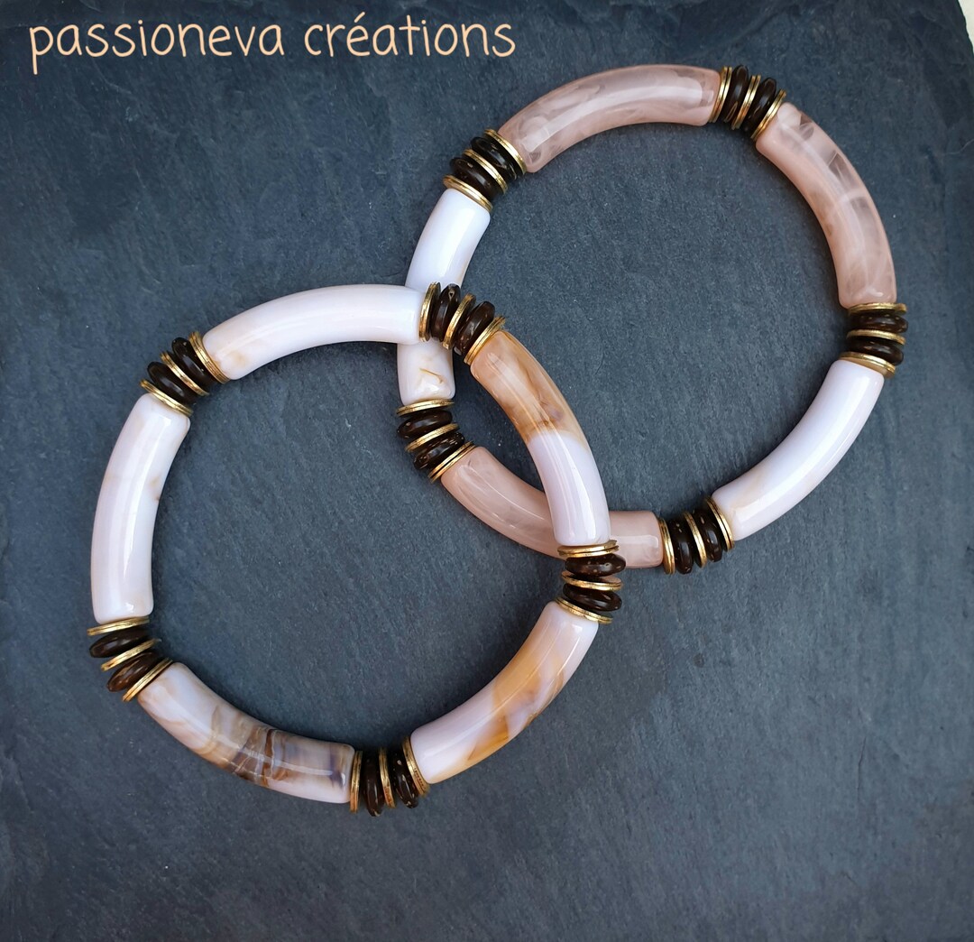Two Resin Connector Bracelets 8mm Wide Salmon-beige Tone Coconut Wood ...