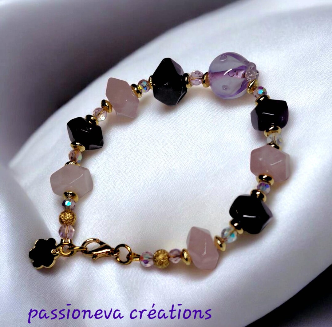 Bracelet perles quartz et améthyste perle en verre filé apprêts dorés ...