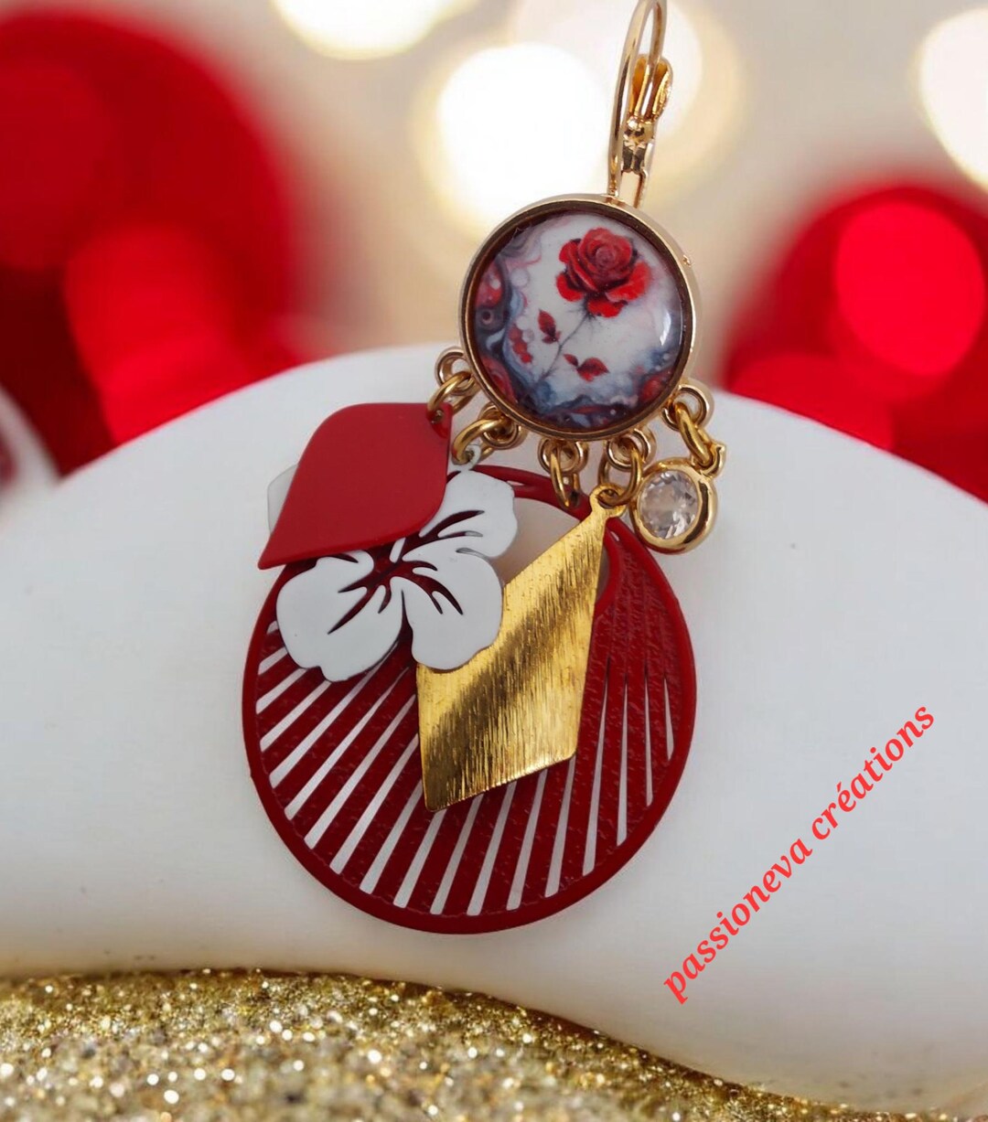 Boucles d'oreilles tons rouge et or accroches dormeuses cabochons 14mm ...