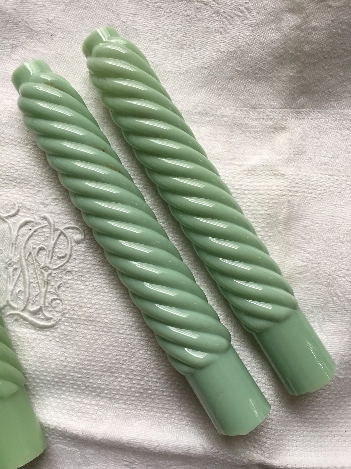 Rare Pair Antique French Pastel Jade Green Blue Opaline Twisted False ...