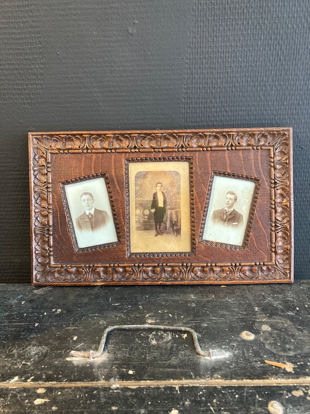 Antique Frame With 3 Sepia Pictures Victorian Era Carved Wood Handsome ...