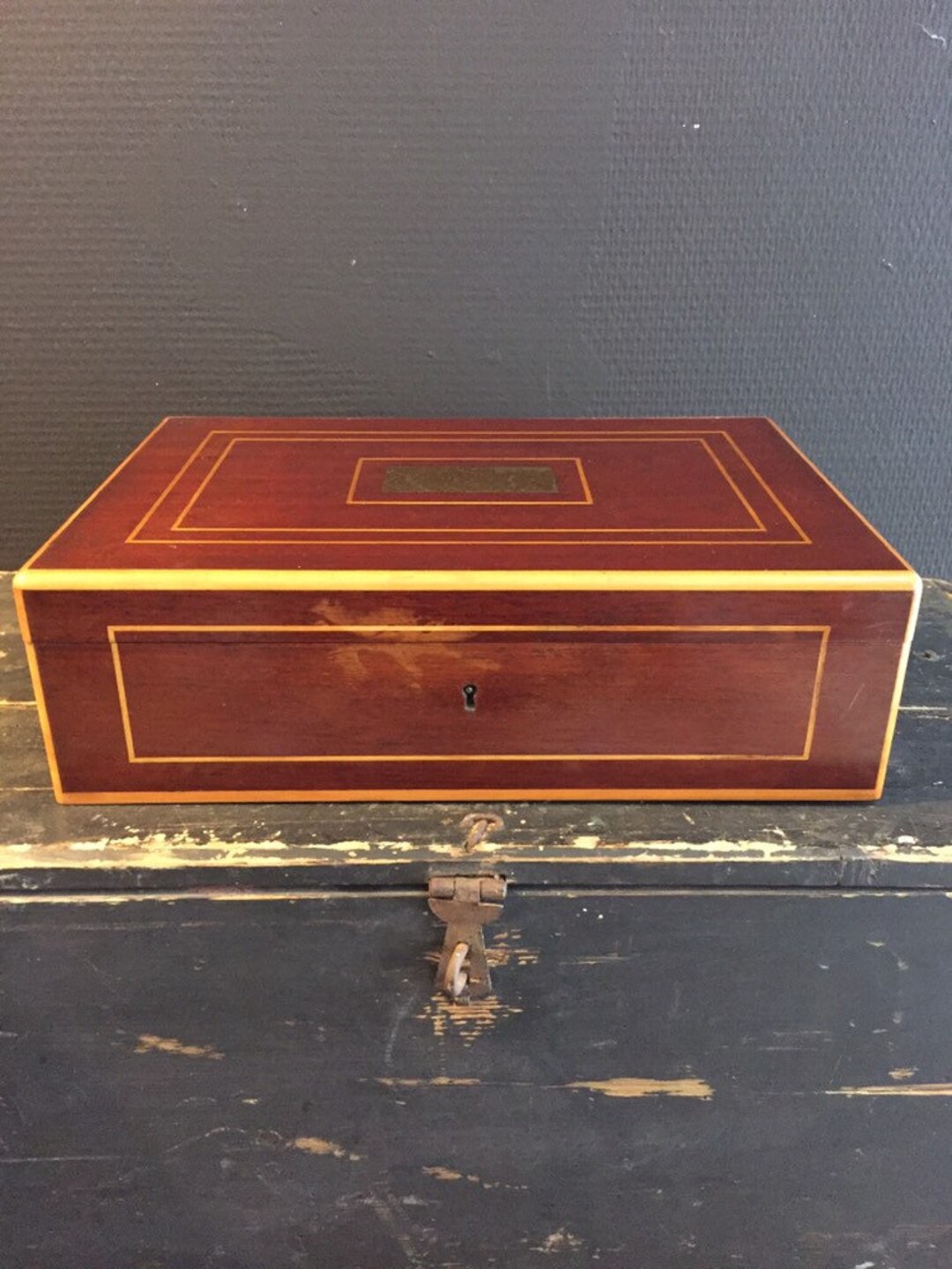Antique Jewel Box Secret Trinket Safe Case Complete With Key Marquetry ...