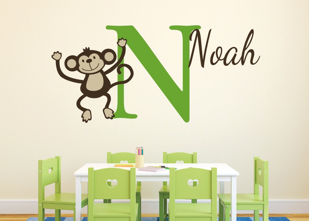 Monogram Personalized Name and Initial Cute Monkey Vinyl Decal, Nursery ...