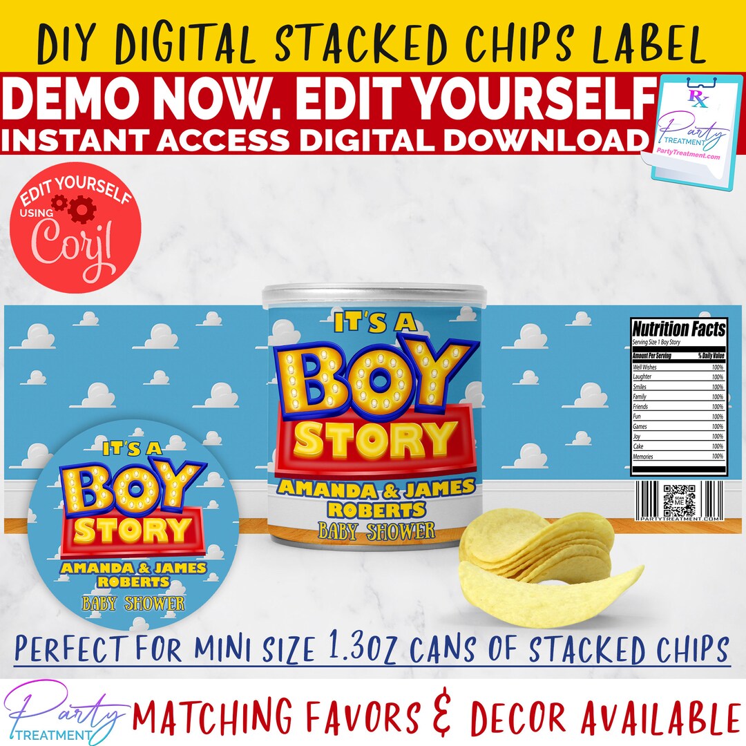 Editable Boy Story Party Favor Chip Can, Boy Story Chip Label, Boy ...