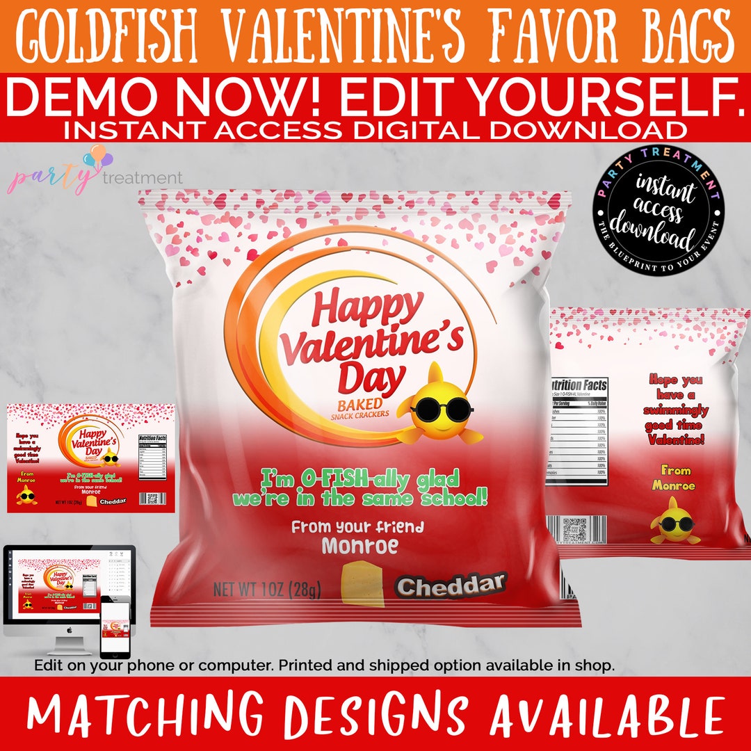 Goldfish Valentine Snack Bag, Printable Fishing Valentine, Noncandy ...
