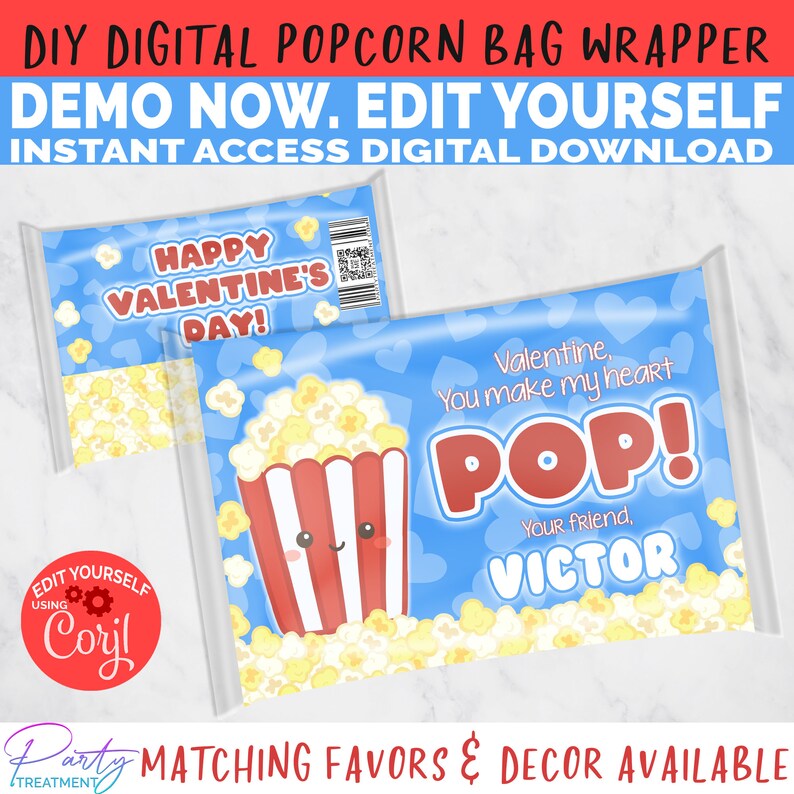 Popcorn Valentine Printable Wrapper Valentines Day Popcorn - Etsy