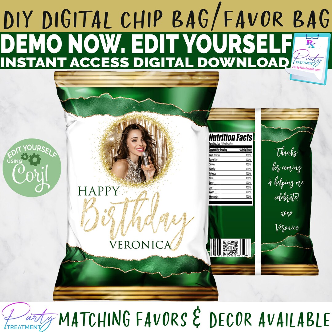 Editable Emerald Green and Gold Chip Bag Favor, Green and Gold Party ...