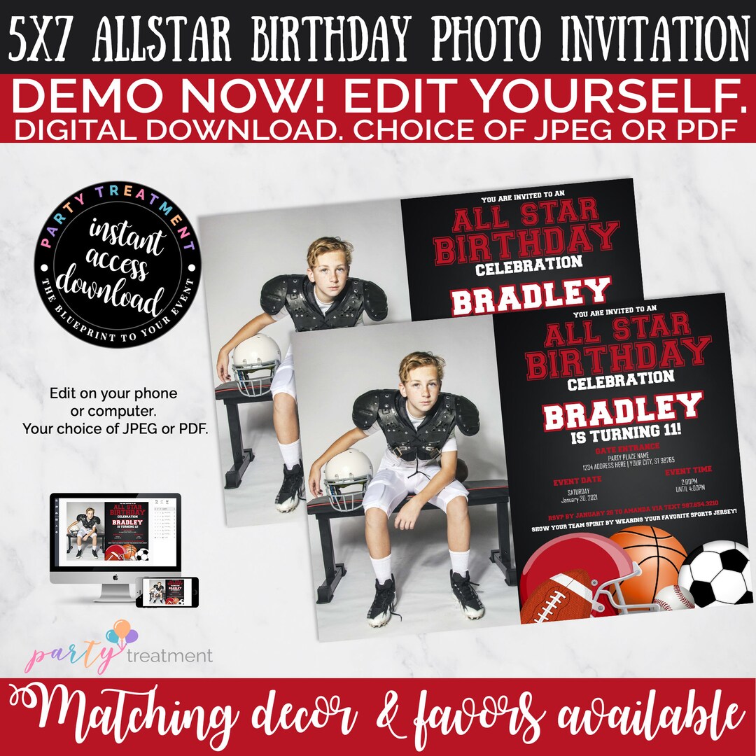Sports Birthday Invitation, Red All Star Sports Photo Birthday ...