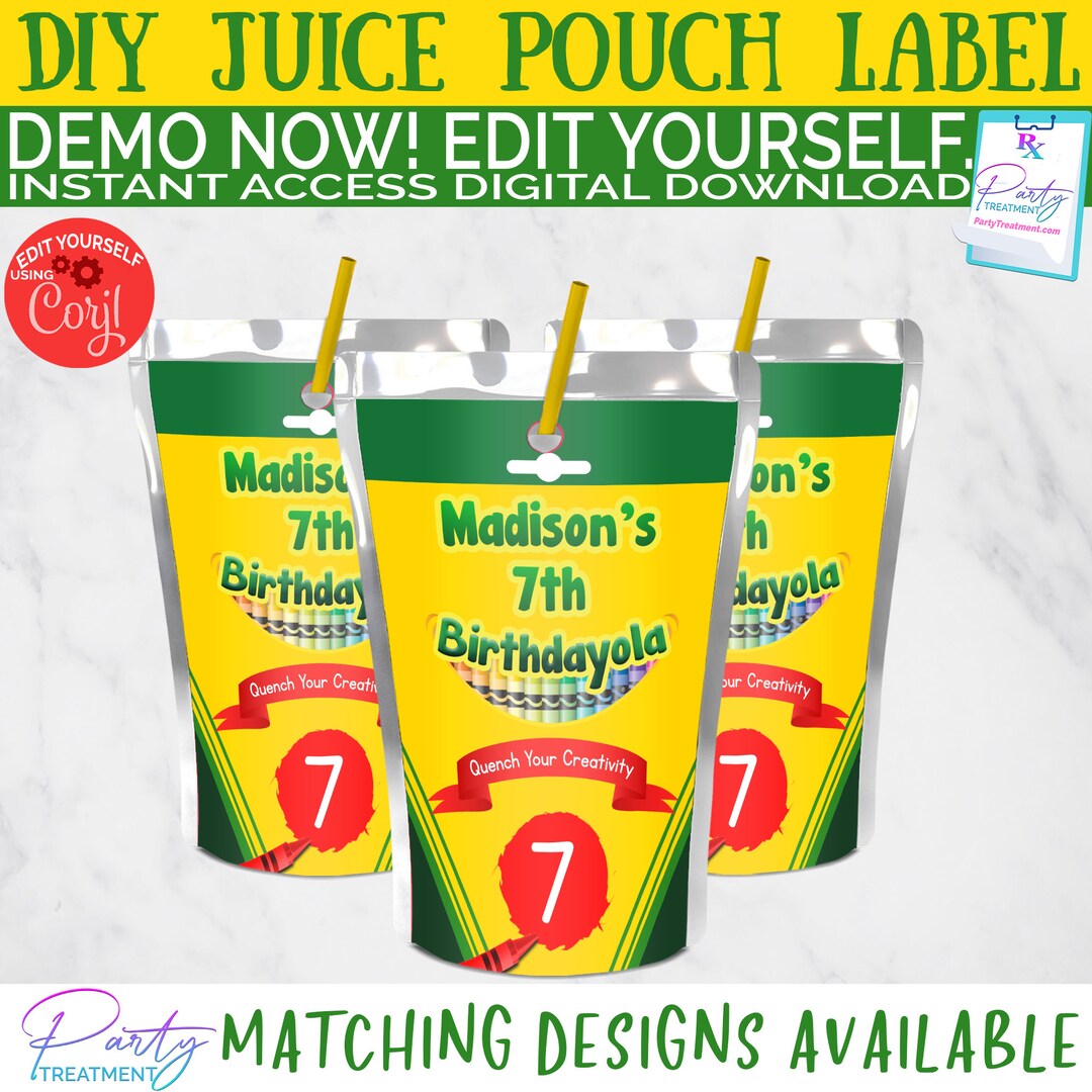 Crayon Birthday Juice Pouch Label, Crayon Juice Label, Crayon Birthday ...