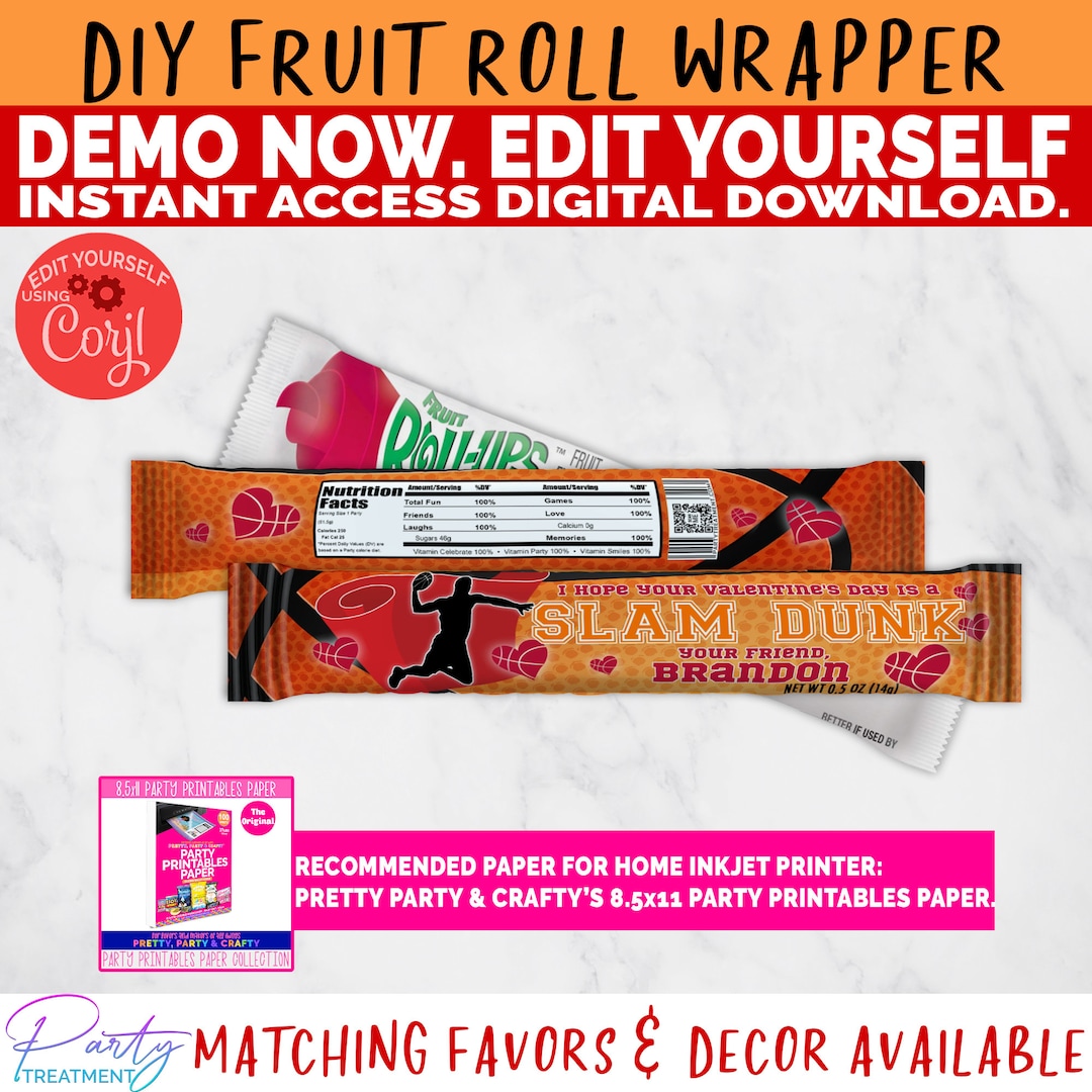 Editable Basketball Valentines Printable Fruit Roll Wrapper, Fruit Roll ...
