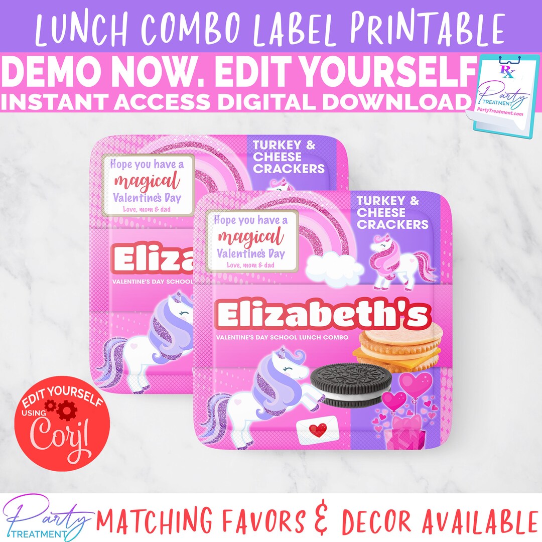 Editable Valentine Lunch Printable, Unicorn Valentine Printable ...