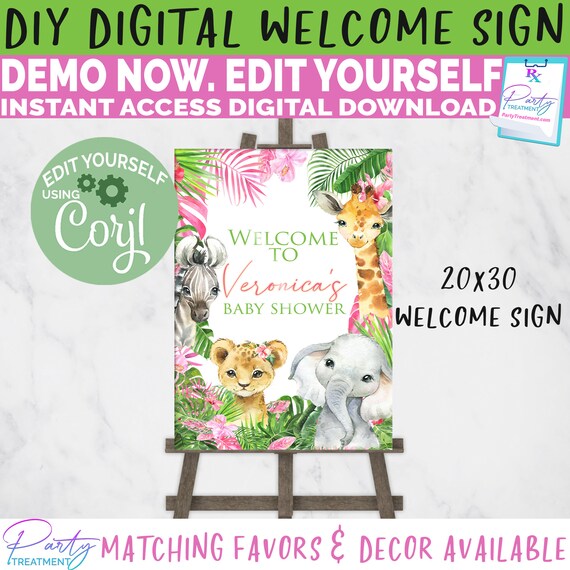 Editable Pink Jungle Welcome Sign Jungle Baby Shower Welcome - Etsy