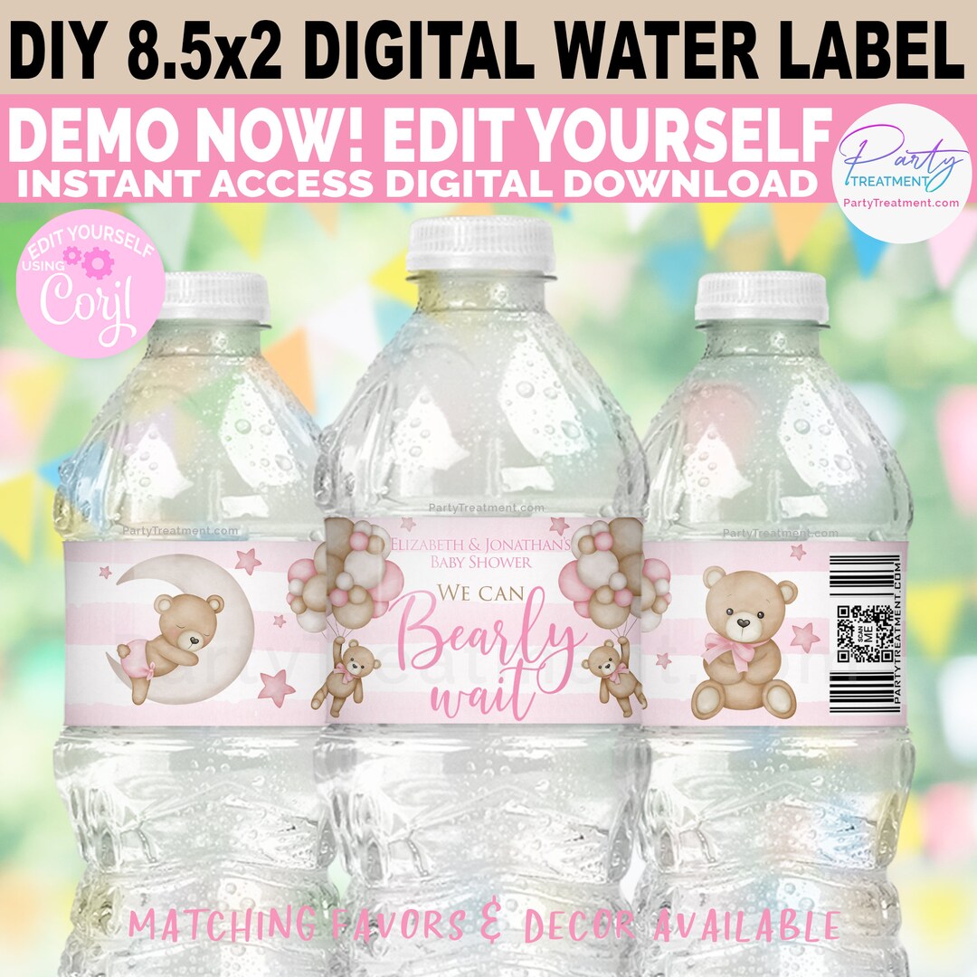 We Can Bearly Wait Printable Water Bottle Label, Pink Teddy Bear Baby ...