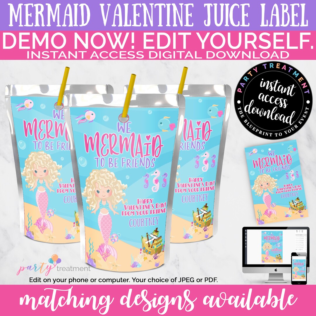 Mermaid Valentine, We Mermaid to Be Friends Valentine Favor, Juice ...