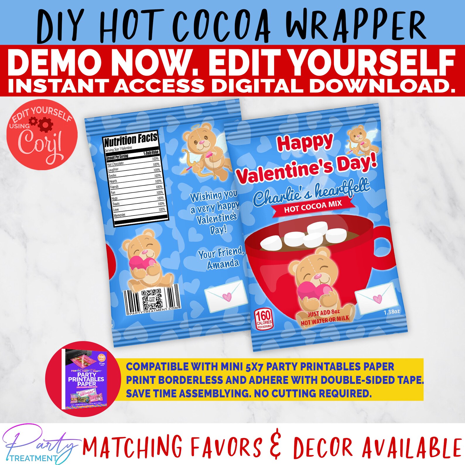 Popcorn Valentine Printable Wrapper, Valentines Day Popcorn Favor, Blue ...