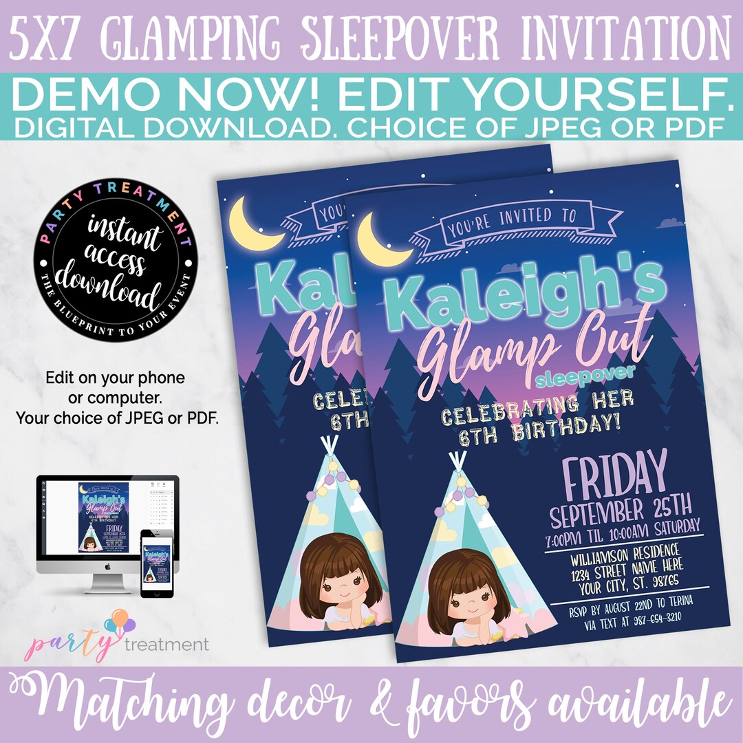 Glamping Invitation, Slumber Party Invitation, Tent Sleepover, Girl ...