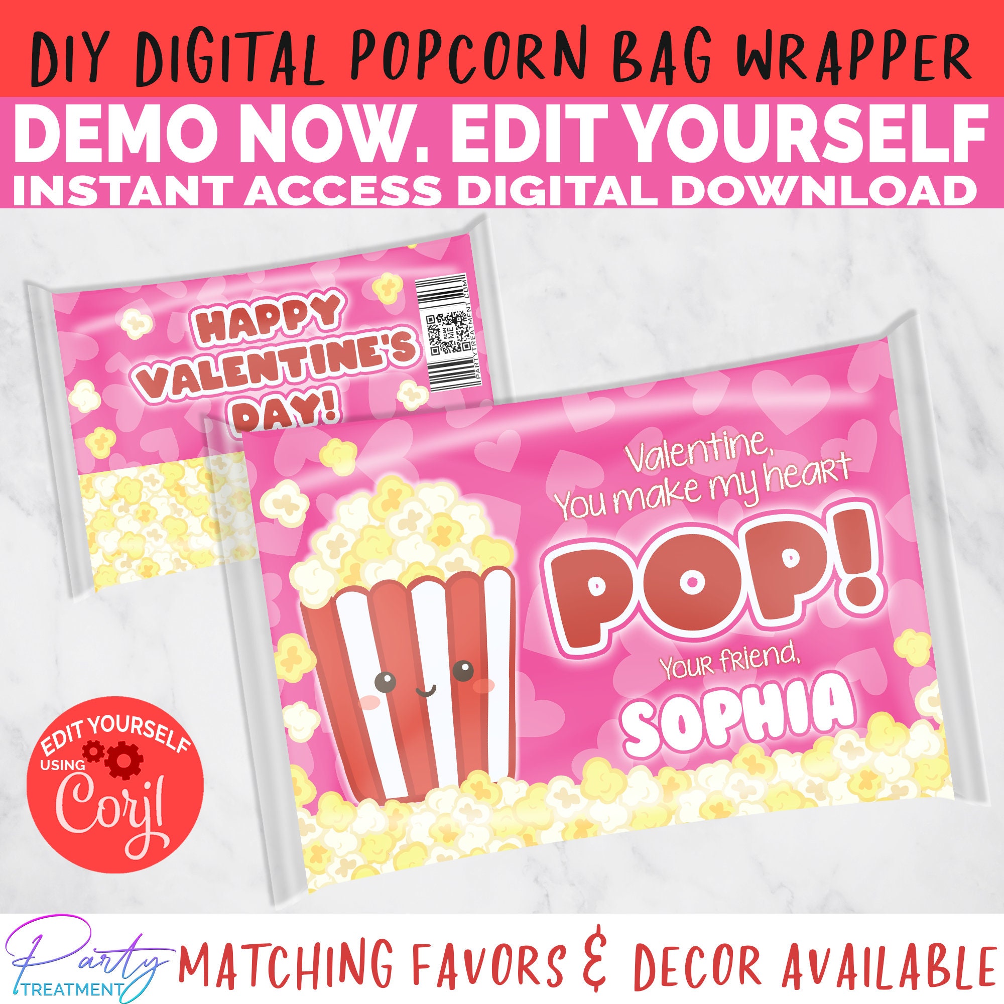 Popcorn Valentine Printable Wrapper, Valentines Day Popcorn Favor, You ...