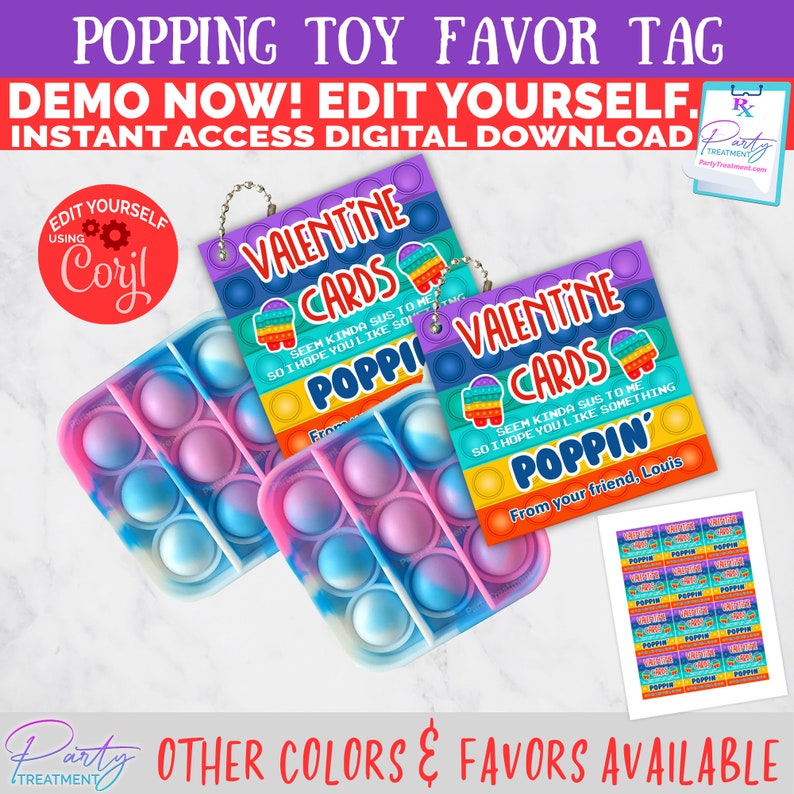 Popping Valentine Favor Tag, Valentine Fidget Toy Tag, Valentine Favors ...