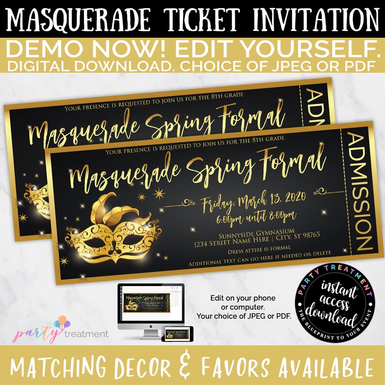 Masquerade Ticket Invitation Gold and Black Masquerade | Etsy
