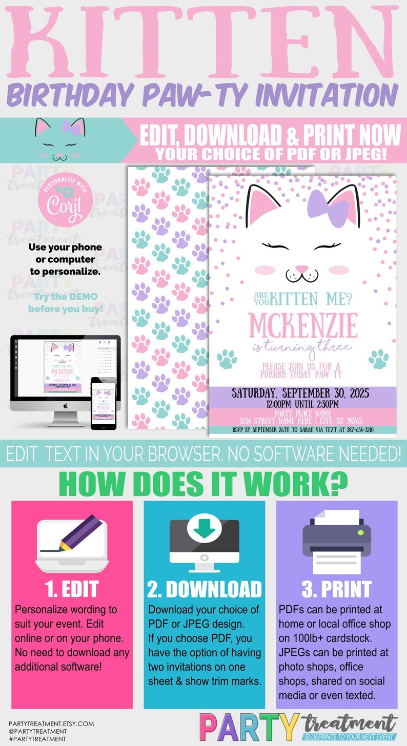 Kitten Birthday Invitation Cat Invitation Kitten Party Cat - Etsy