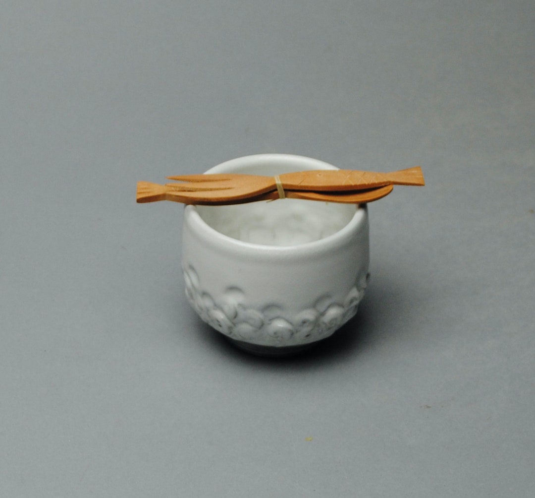 Clay Salt Cellar Bowl White With Wood Fork and Spoon V 38 - Etsy