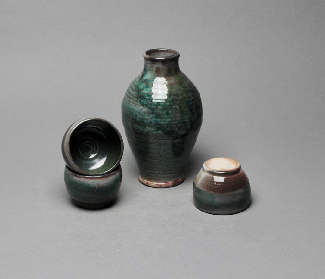 Sake Whiskey Set With Three Cups Soda Fired V 66 - Etsy