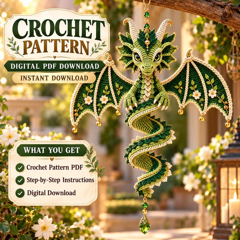 Crochet Dragon Pattern PDF, Botanical Hanging Ornament, Amigurumi Wall ...