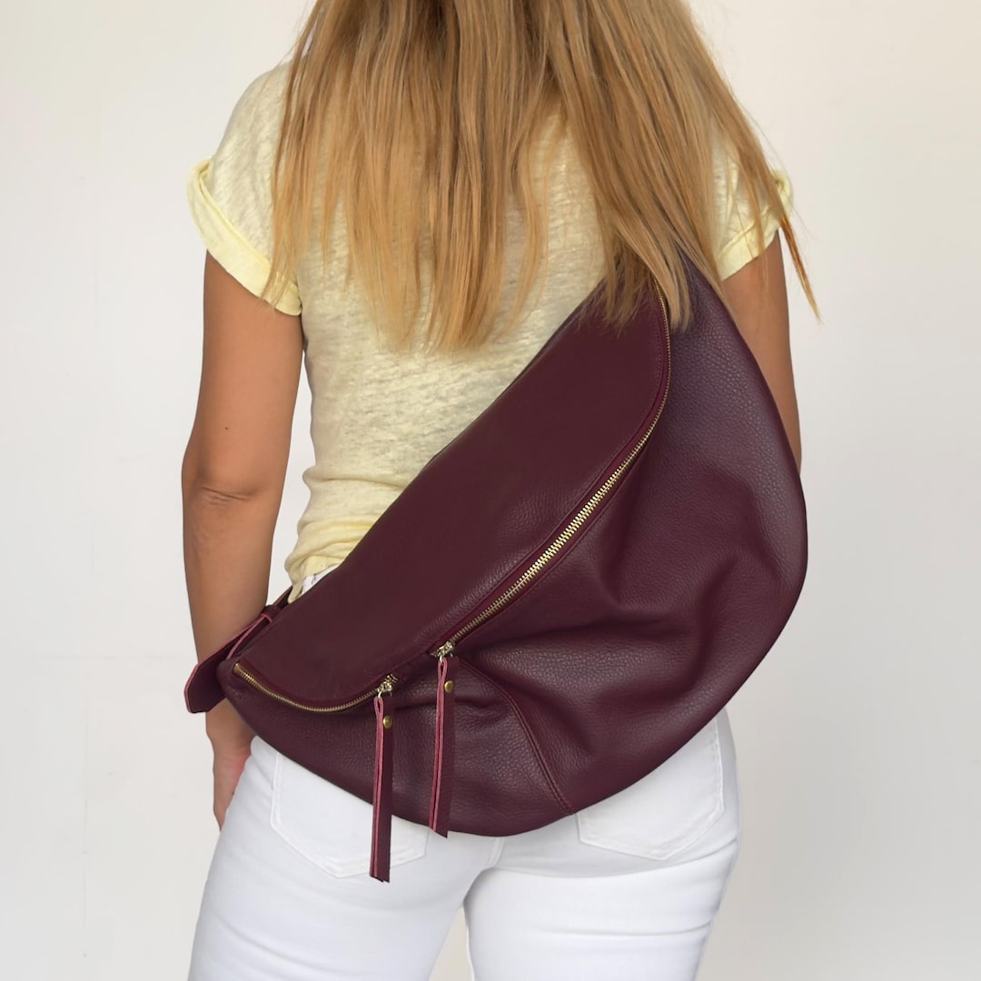 Oversized Red Leather Bag - Large Leather Sling Bag - Leather Fanny ...