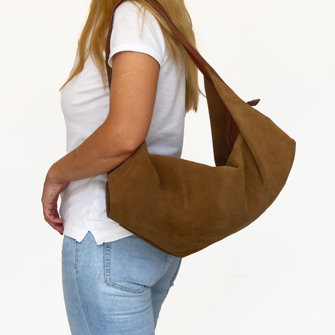 Slouchy Large Shoulder Bag - Brown Suede Handbag Purse - Oversized ...