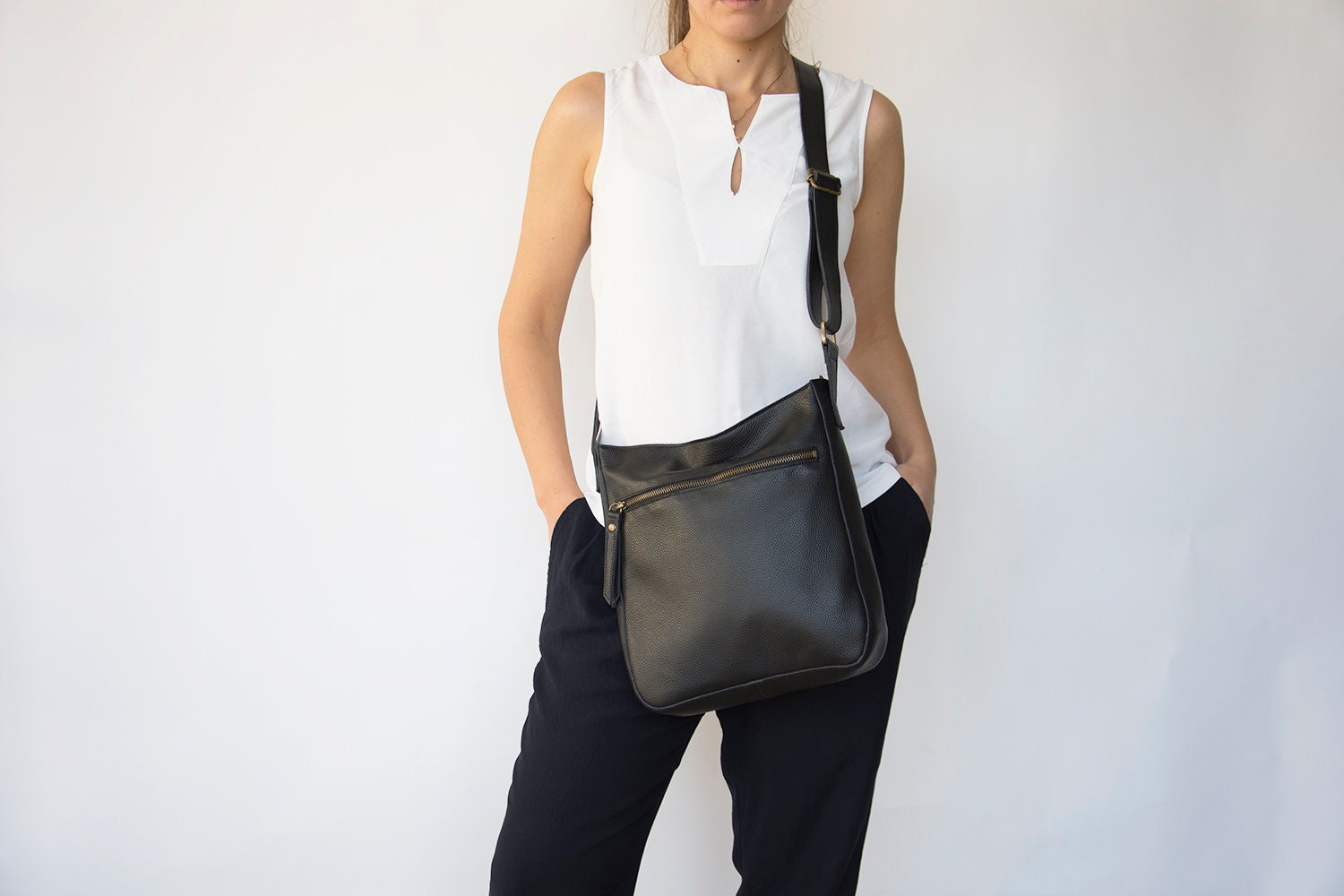 Black Crossbody Bag for Women in Genuine Leather Large | Etsy